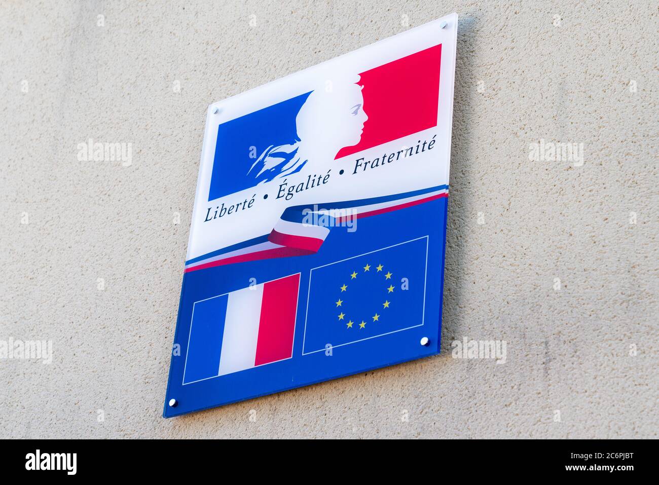 france and europe flag sign with writing liberte egalite fraternite ...