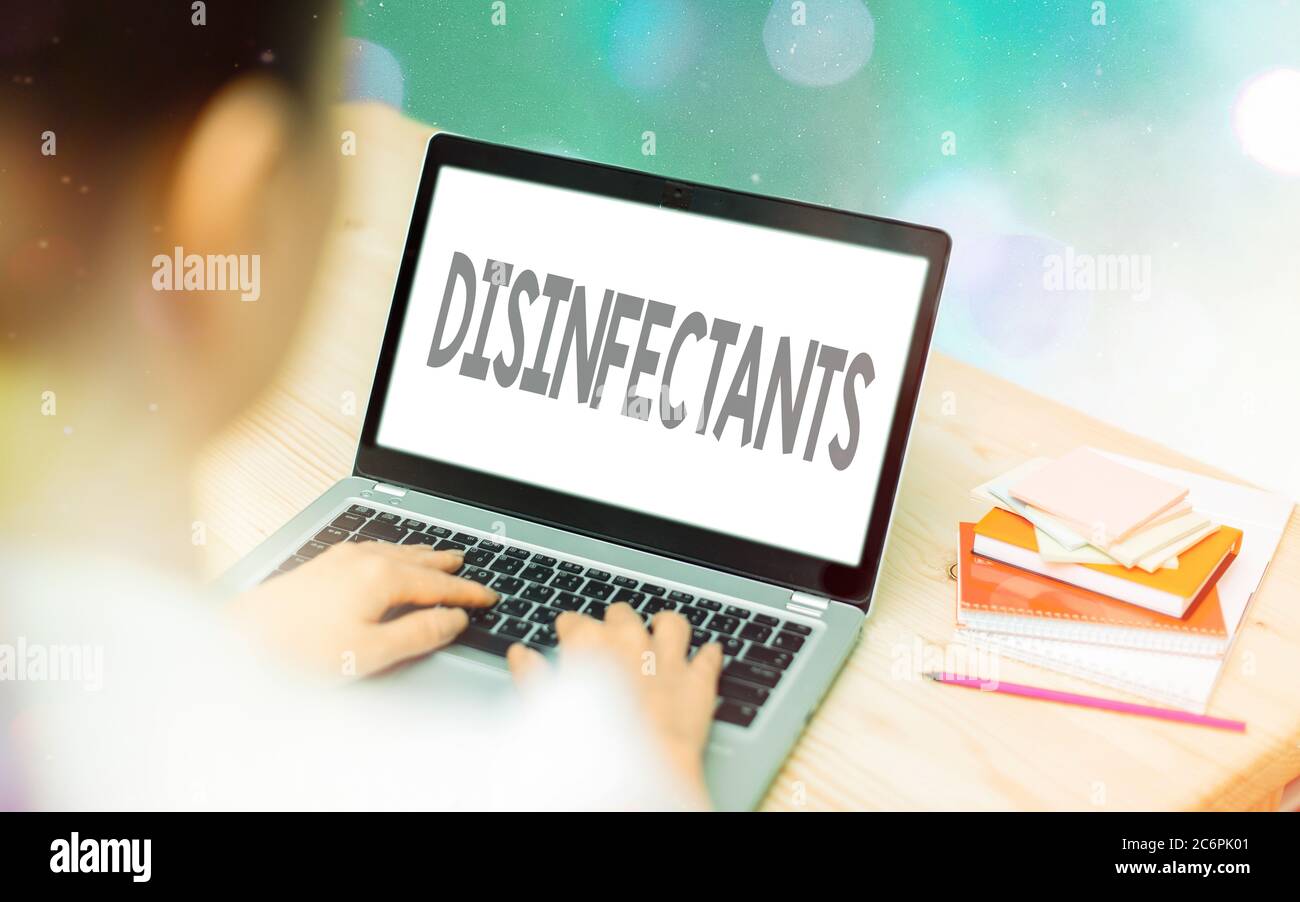 Conceptual hand writing showing Disinfectants. Concept meaning chemical ...