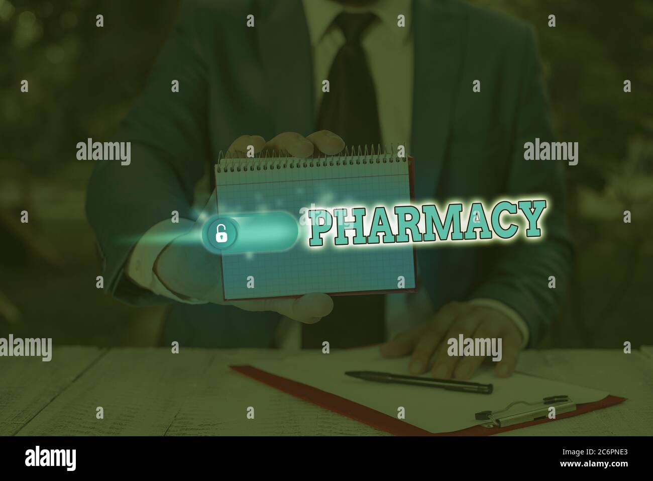 Conceptual hand writing showing Pharmacy. Concept meaning the practice ...