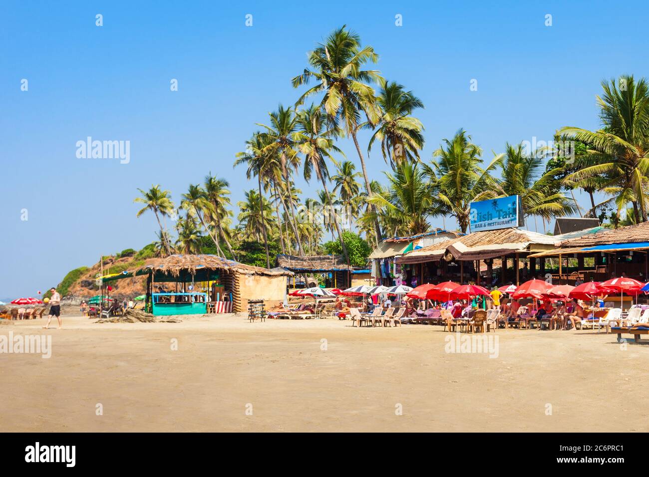 GOA, INDIA - DECEMBER 05, 2016: Sunbeds on the Vagator or Ozran beach ...