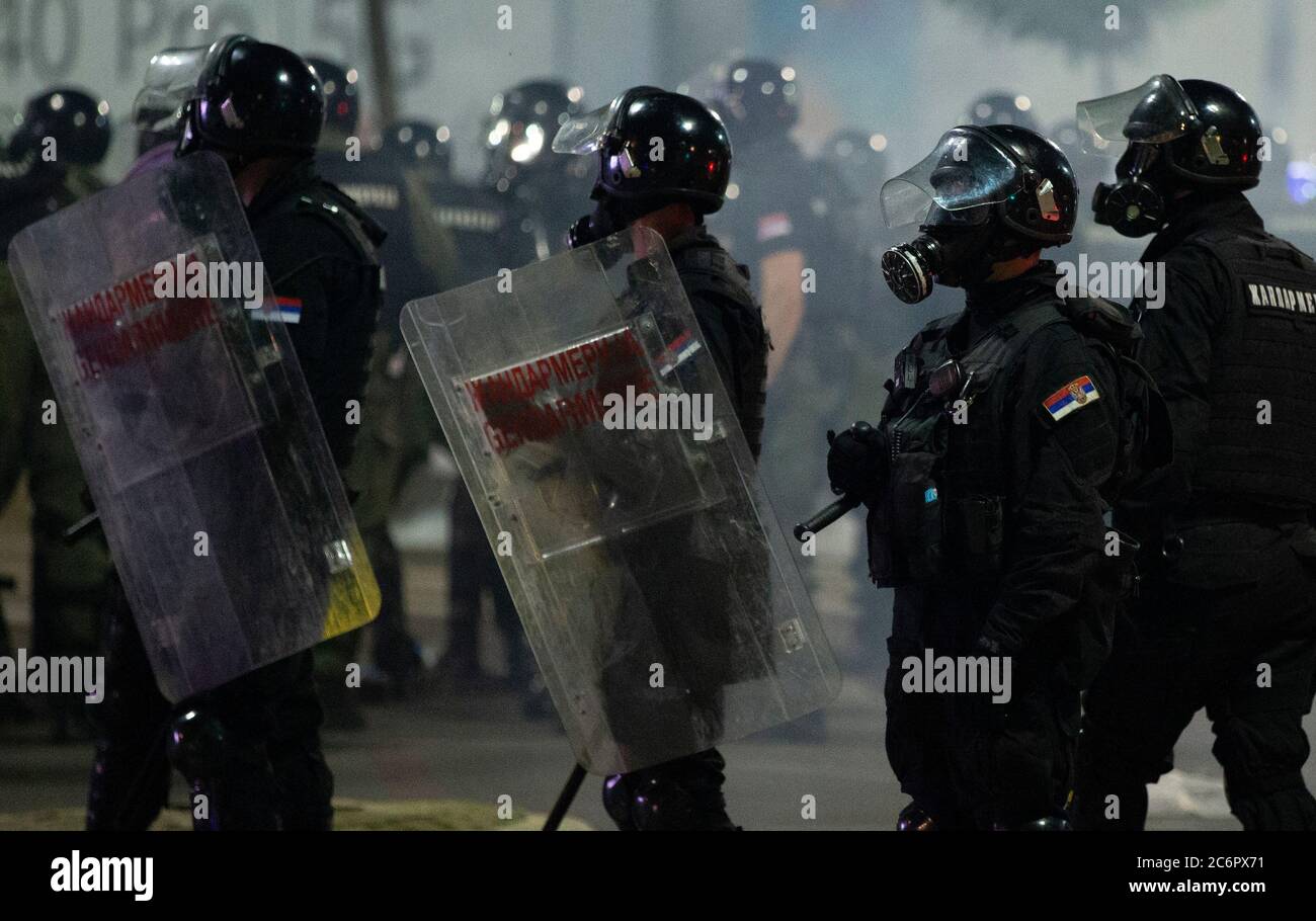 Belgrade, Serbia. 10th July, 2020. Protesters clash with riot police ...
