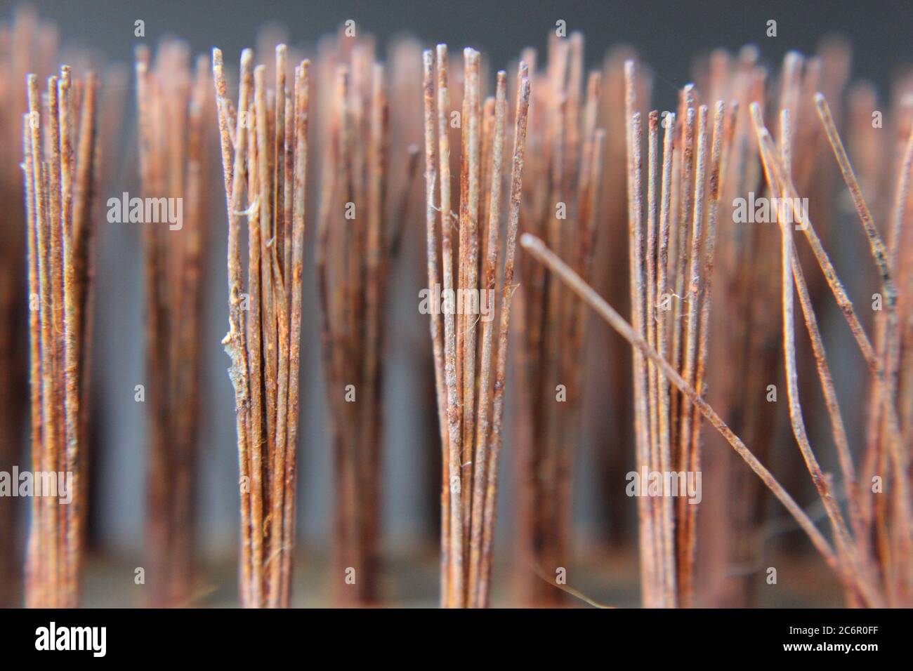 Very common rusted and weather beaten brush bristles standing up to the ...