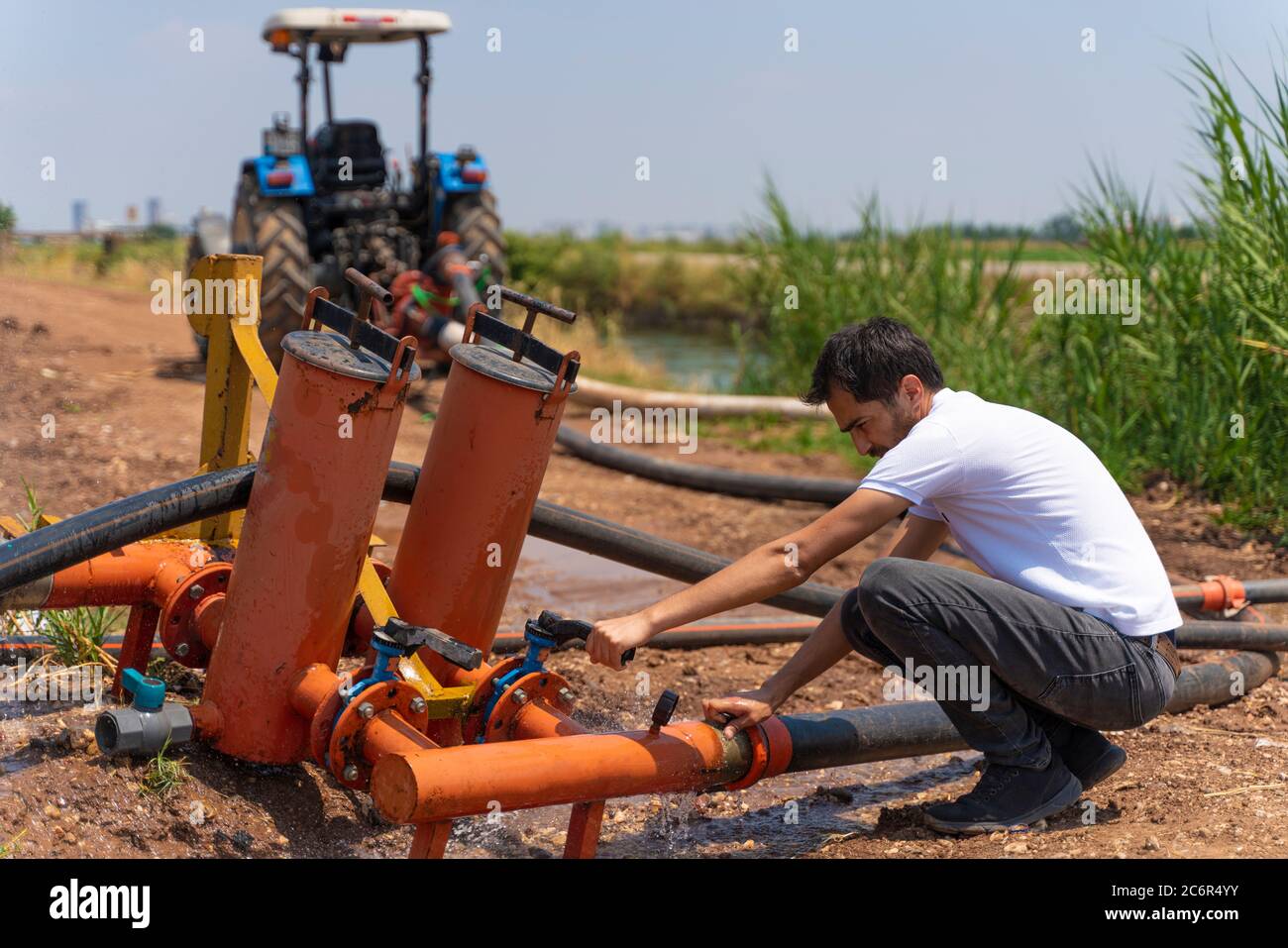 Drip irrigation system. Water saving drip irrigation system being used ...