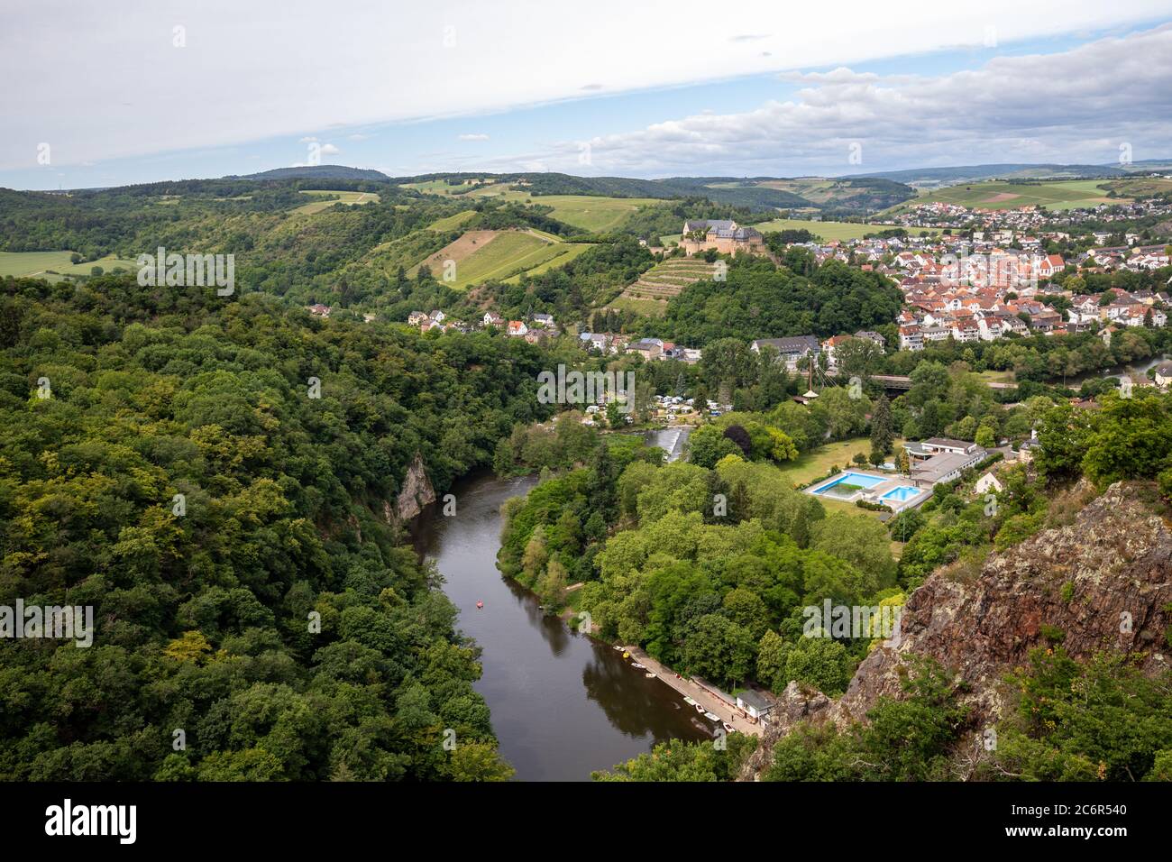 Scenic view from Rheingrafenstein at landscape with river nahe and Bad ...