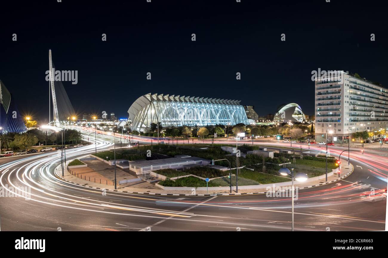 Valencia roundabout Night street view in Valencia downtown, Spain, city ...