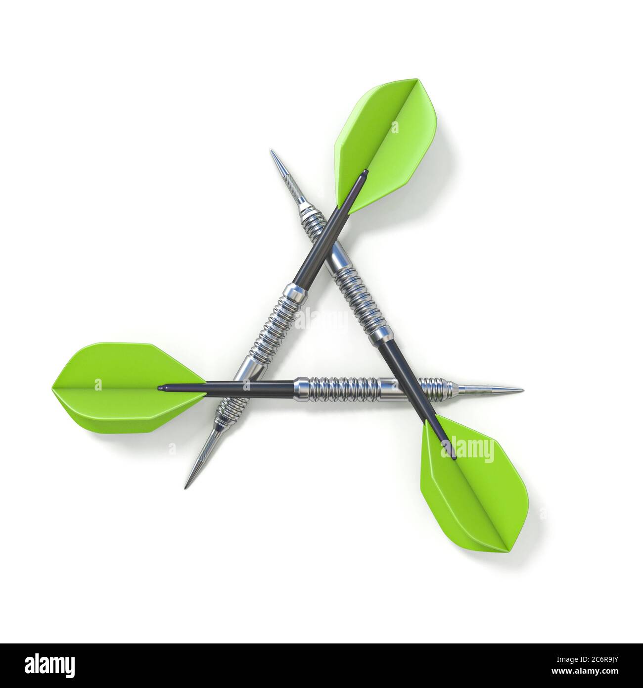 Three green darts 3D render illustration isolated on white background ...