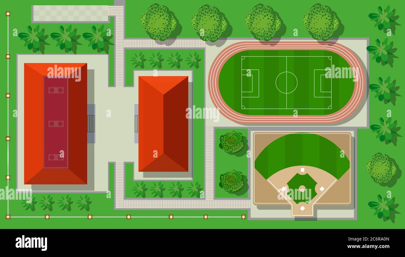 The top view from above is a map of the city with town infrastructure ...