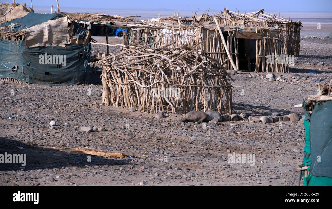 Traditional housing in a remote, indigenous Afar village in the Danakil ...
