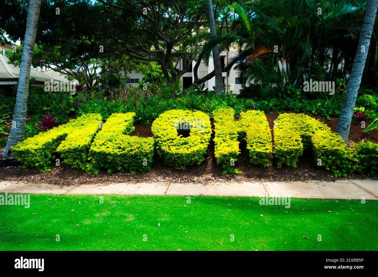 A well-tended topiary hedge spells out the famous Hawaiian welcome sign ...