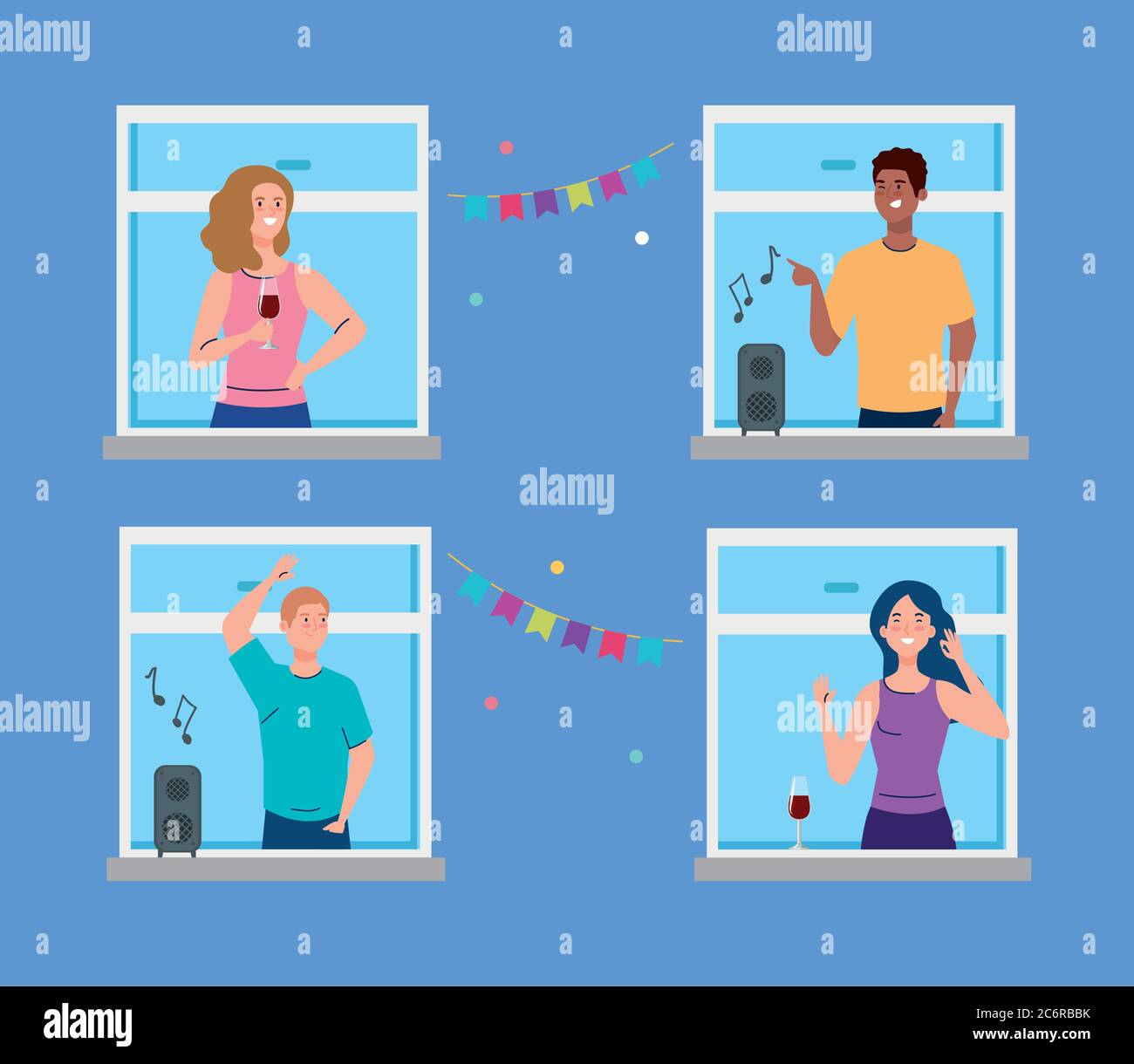 young people having party on window, social distancing concept Stock ...