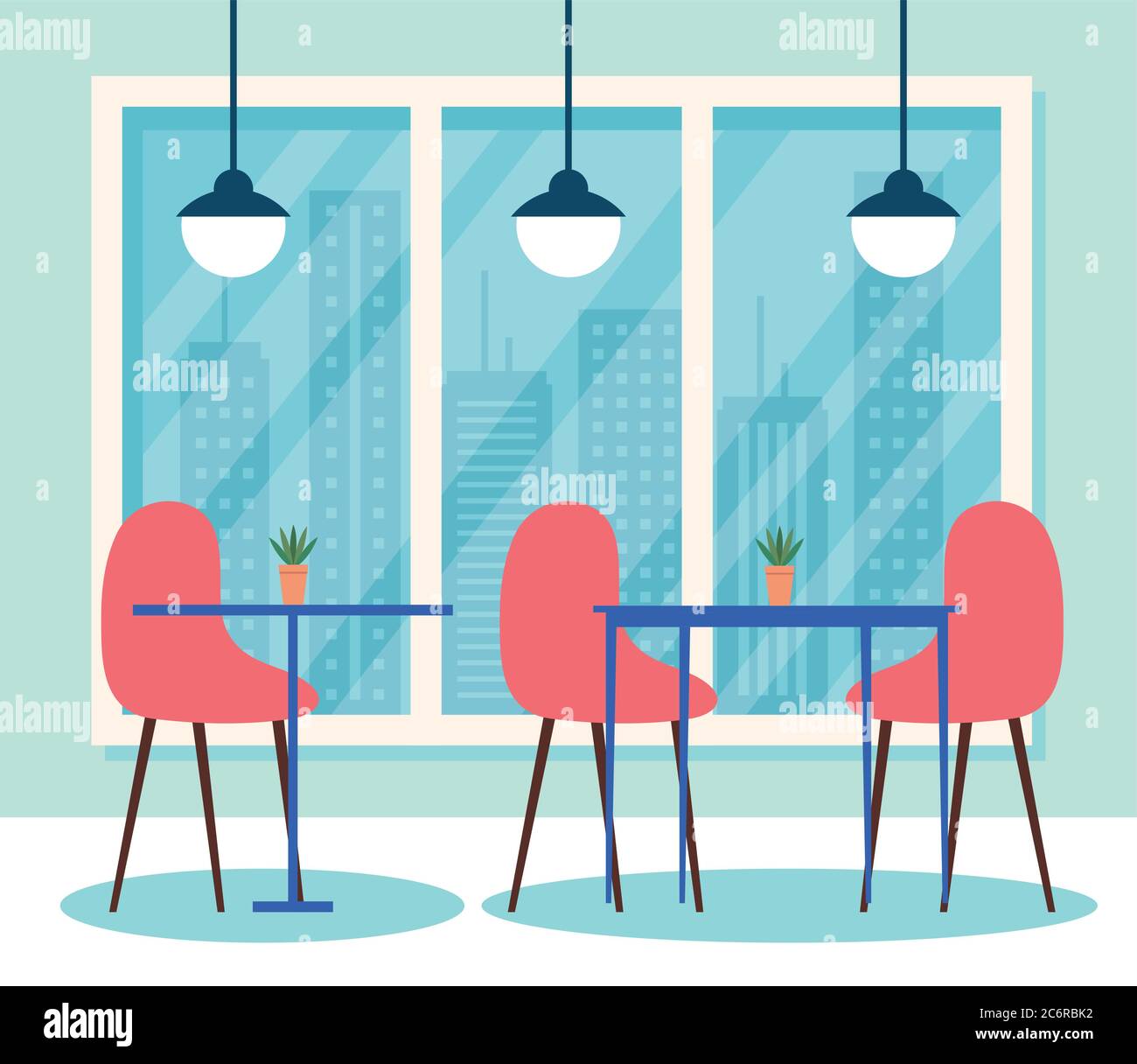 restaurant interior scene, tables with chairs furniture and lamps ...