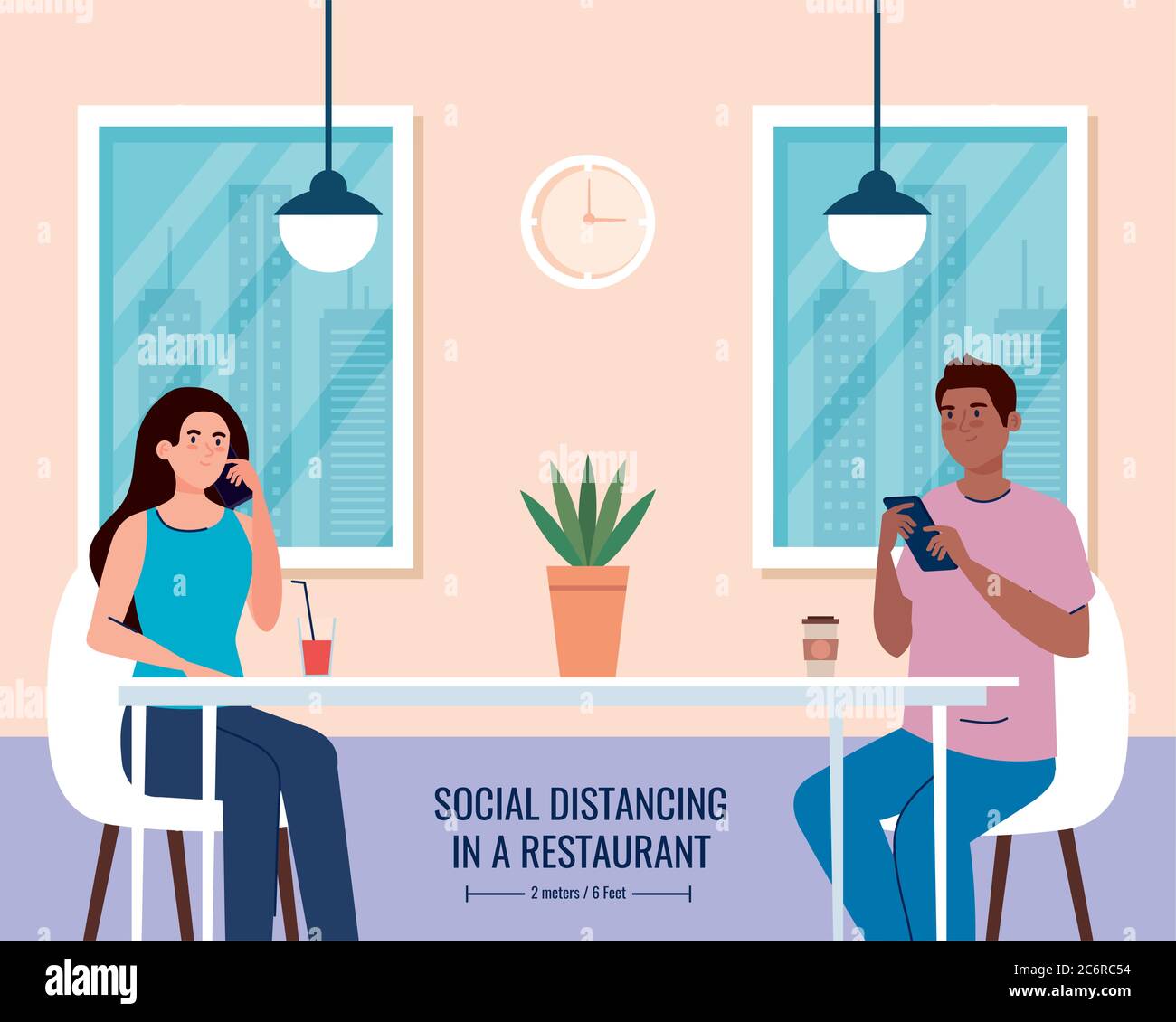 social distance in new concept restaurant , couple on tables ...