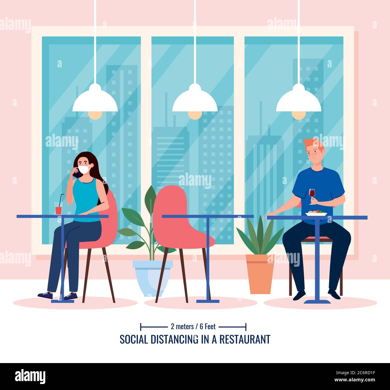 social distance in new concept restaurant , couple on tables ...