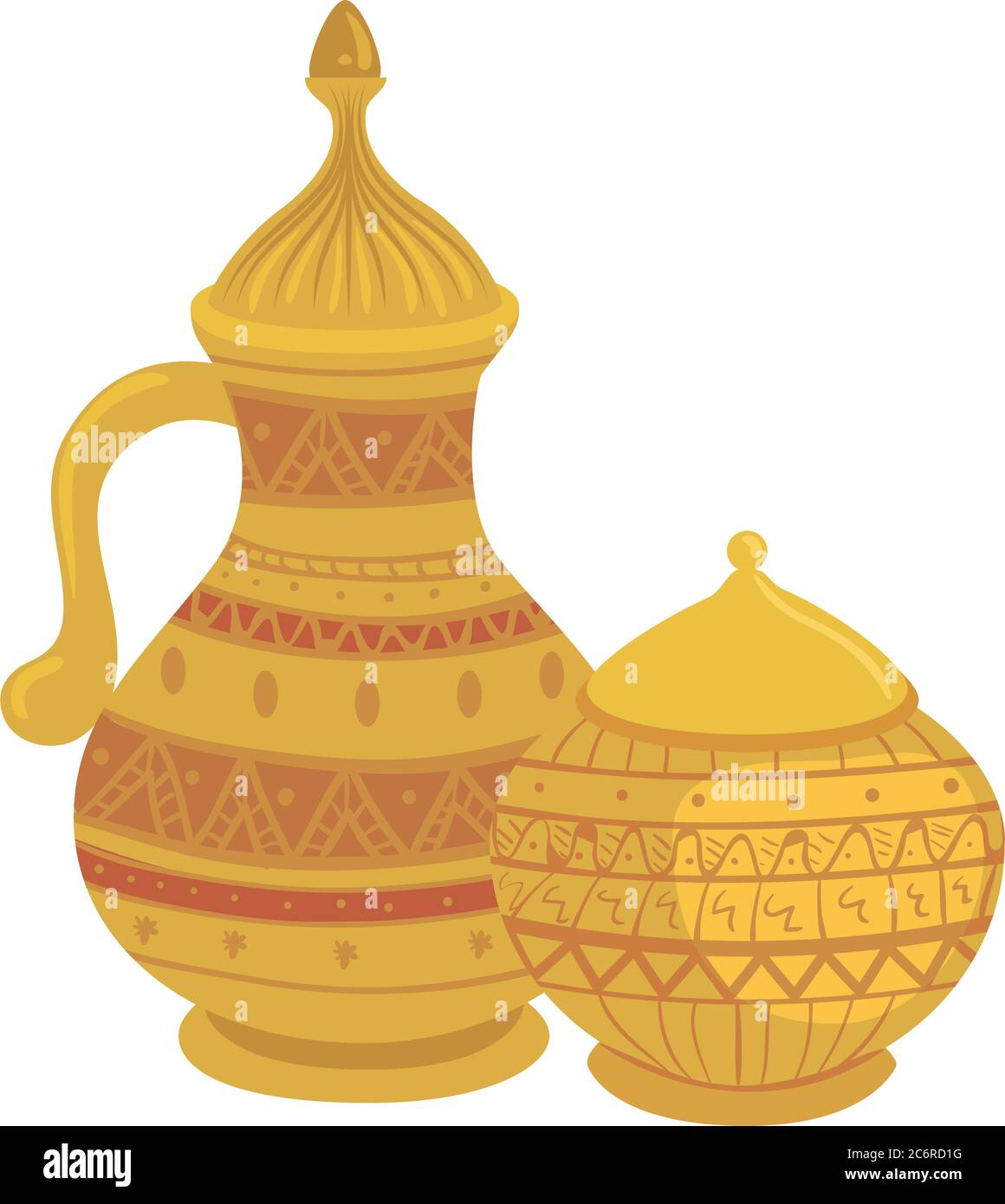 golden arabian teapot and pot, arabic culture heritage on white ...