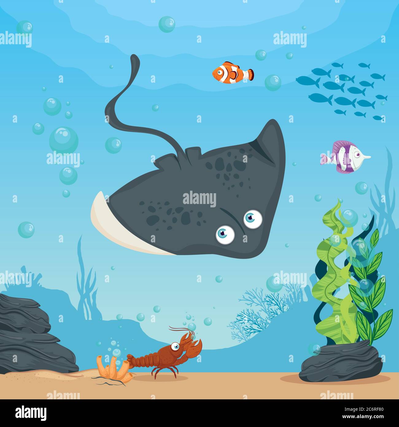 stingray and marine animals in ocean, seaworld dwellers, cute ...