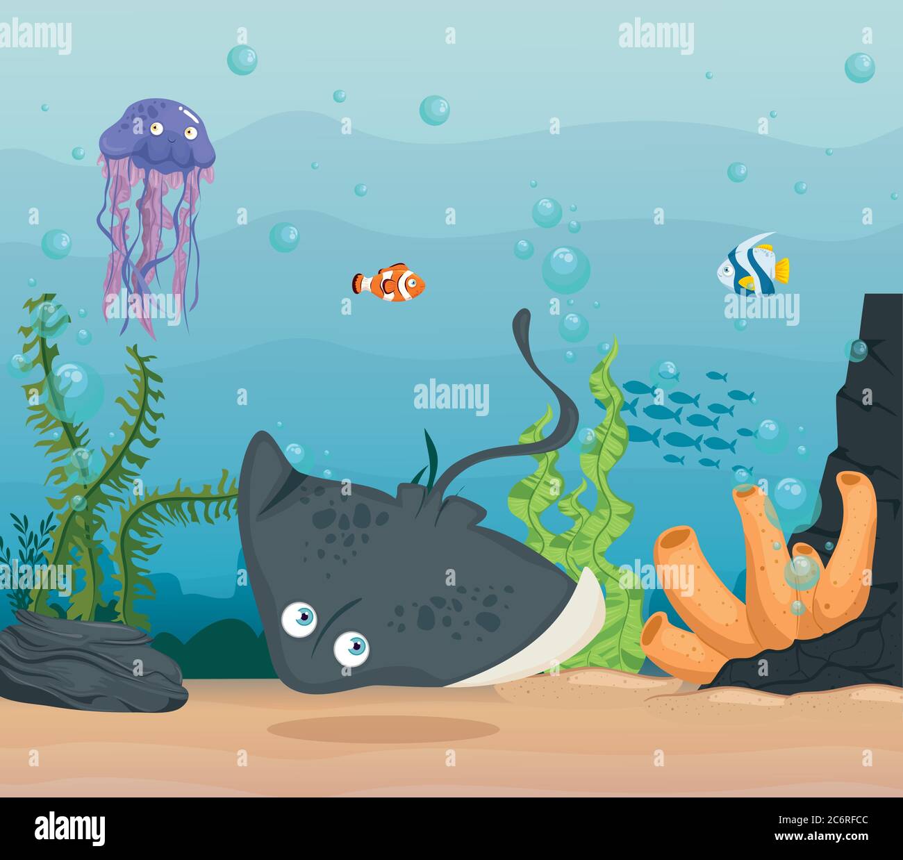 stingray and marine animals in ocean, seaworld dwellers, cute ...