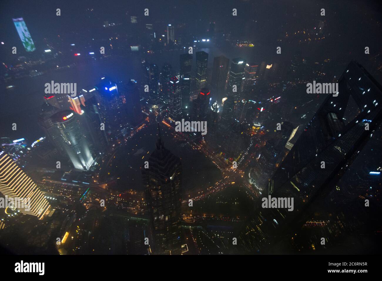 Shanghai: panoramic view at night from the top of Shanghai Tower, with ...