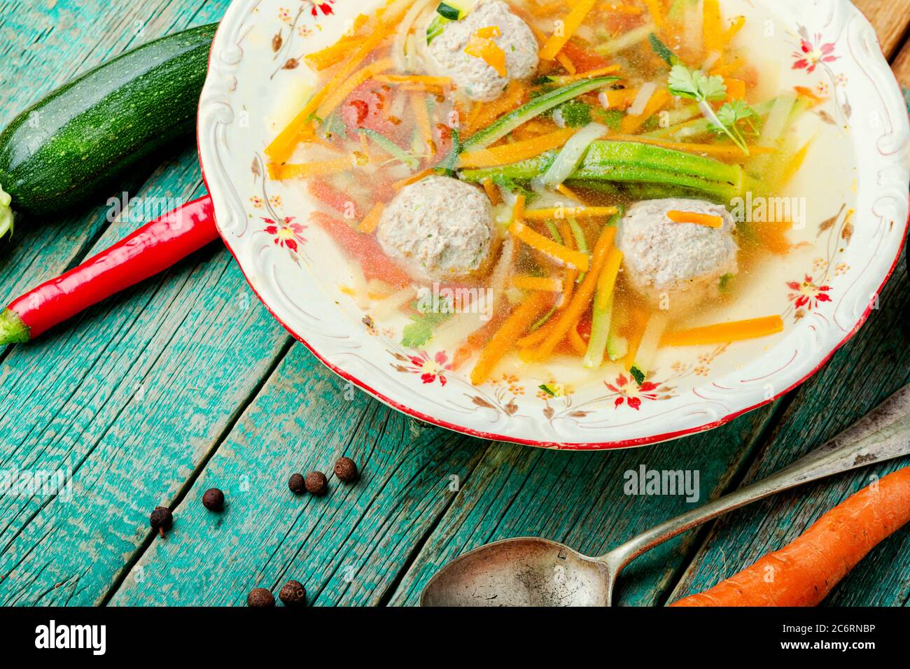 Fresh vegetable soup with meatballs and vegetables.Soup with zucchini ...