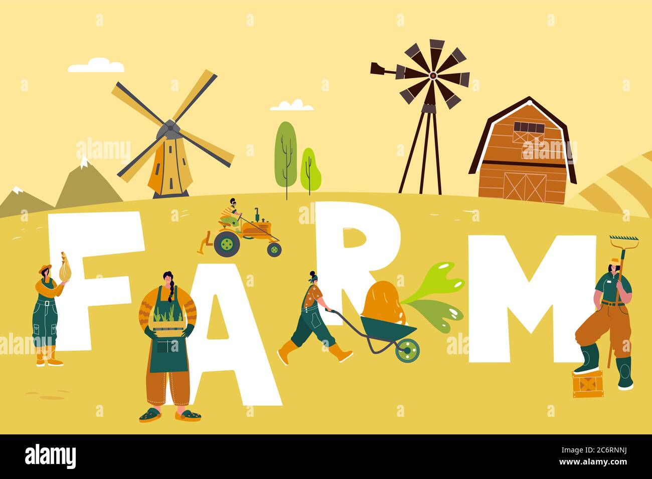 Organic farming. Agricultural workers planting and gathering crops ...