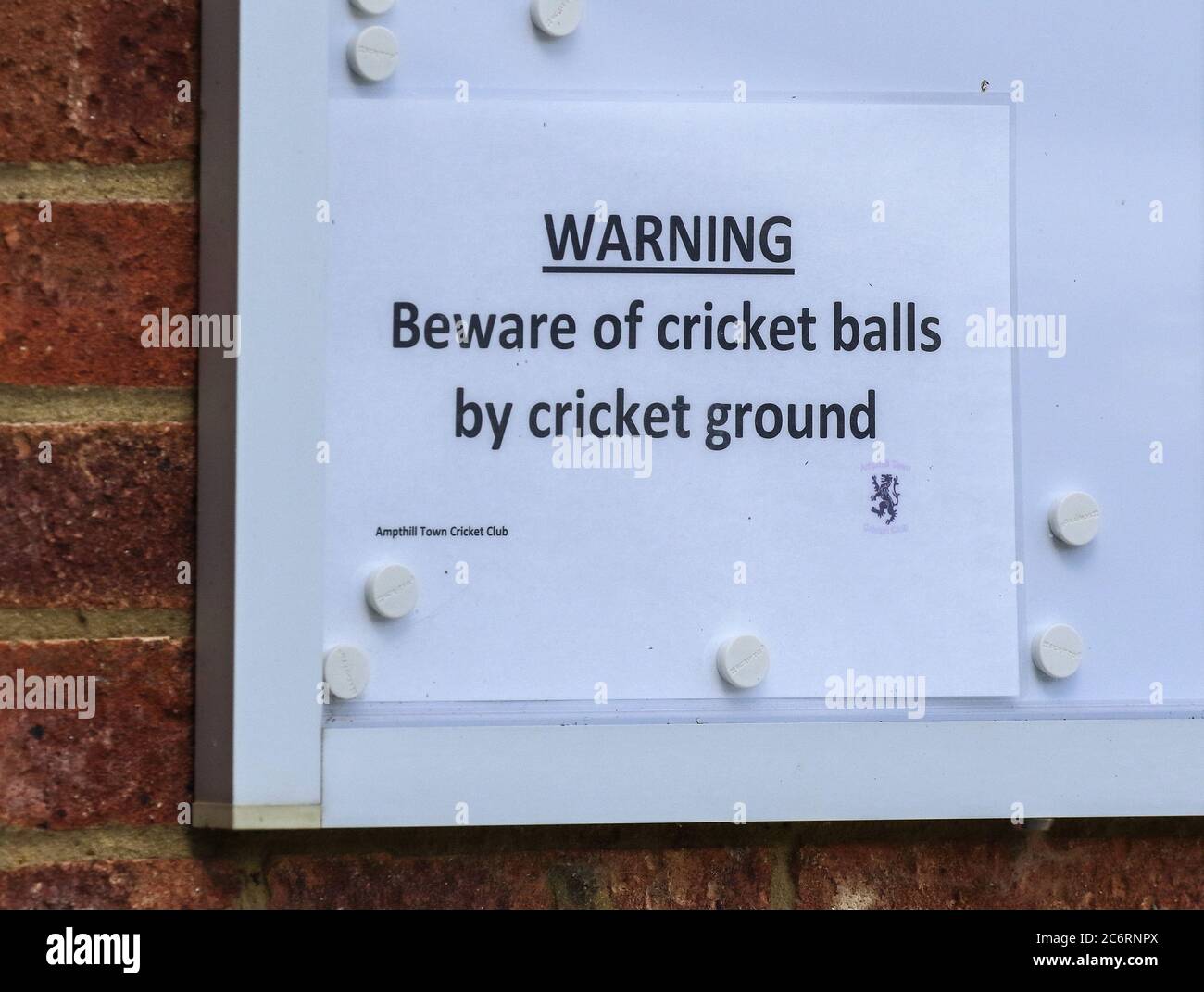 Ampthill, UK. 11th July, 2020. Sign at cricket ground warning people to ...