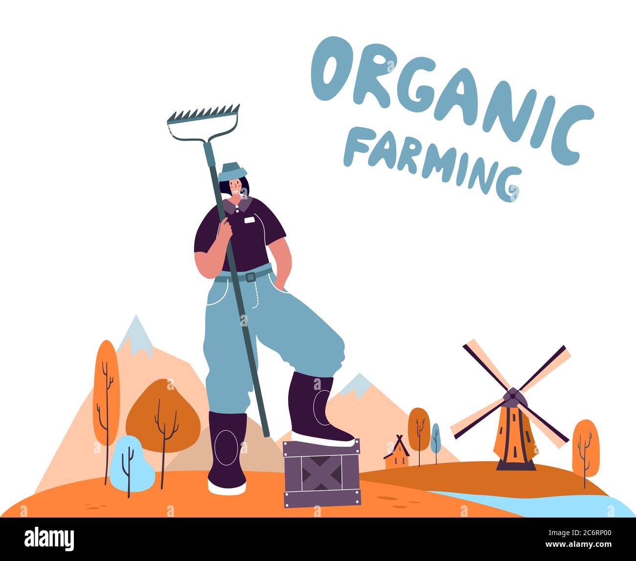 Organic farming. Agricultural workers planting and gathering crops ...