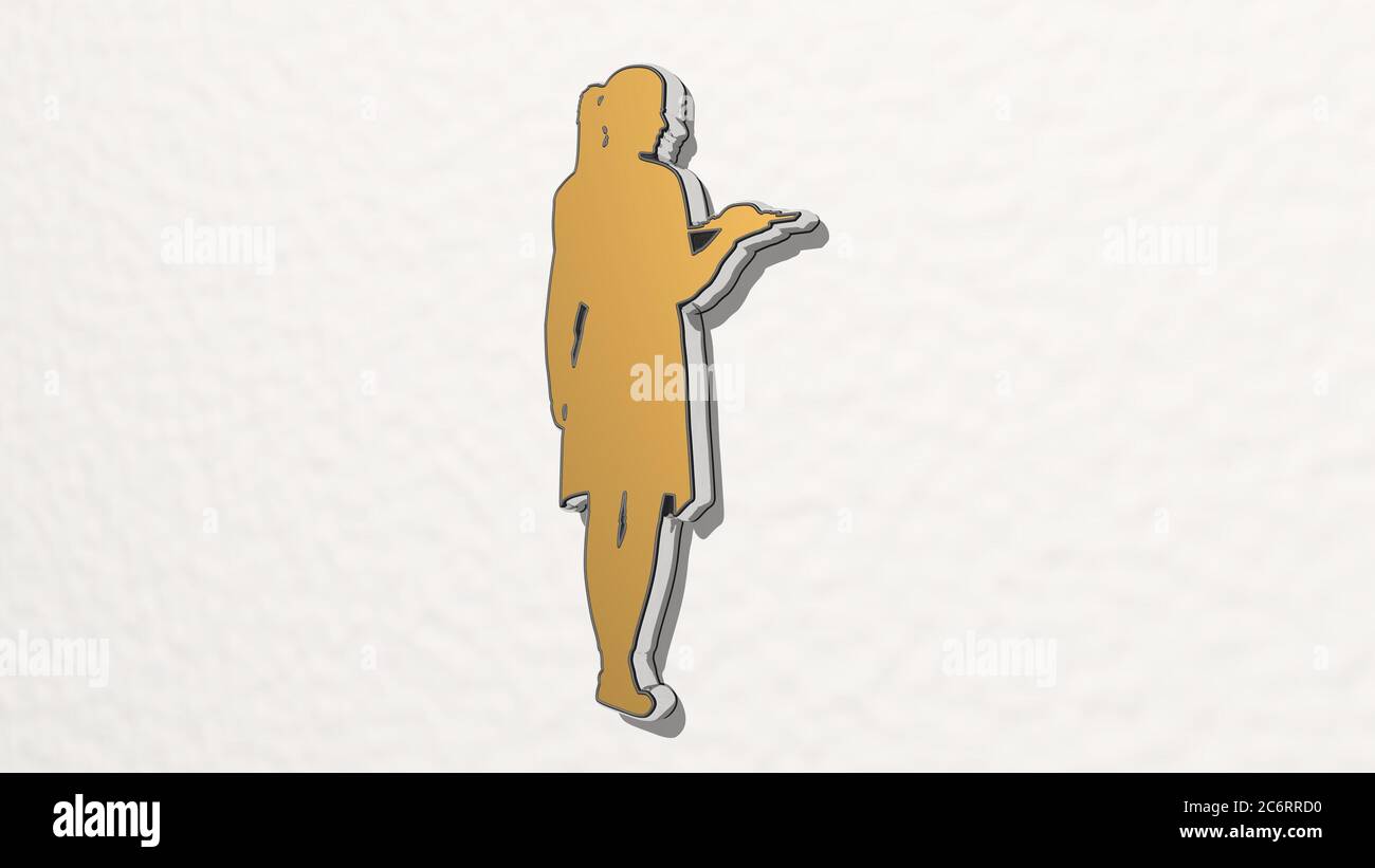 WAITRESS WITH DISH on the wall. 3D illustration of metallic sculpture ...