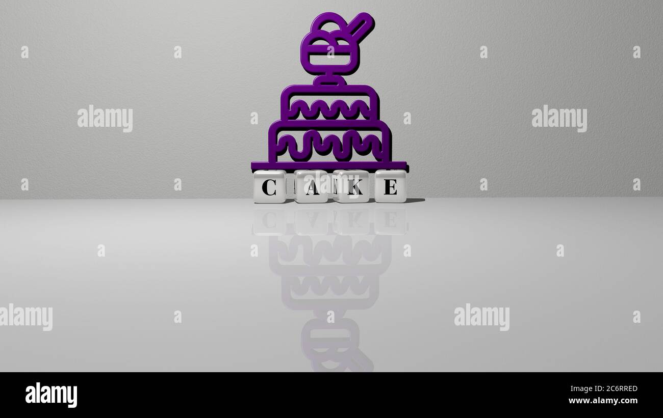 3D illustration of cake graphics and text made by metallic dice letters ...