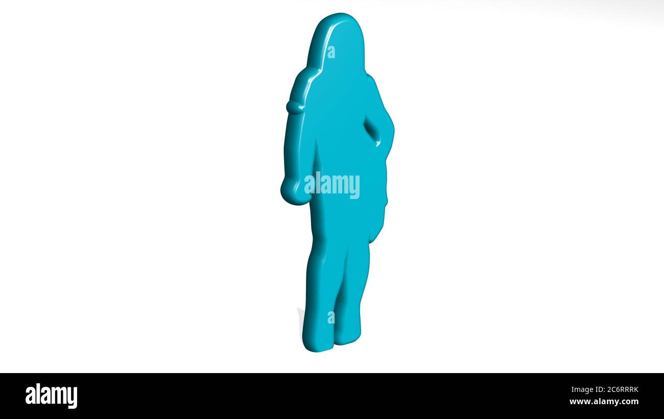 woman standing stand with shadow. 3D illustration of metallic sculpture ...