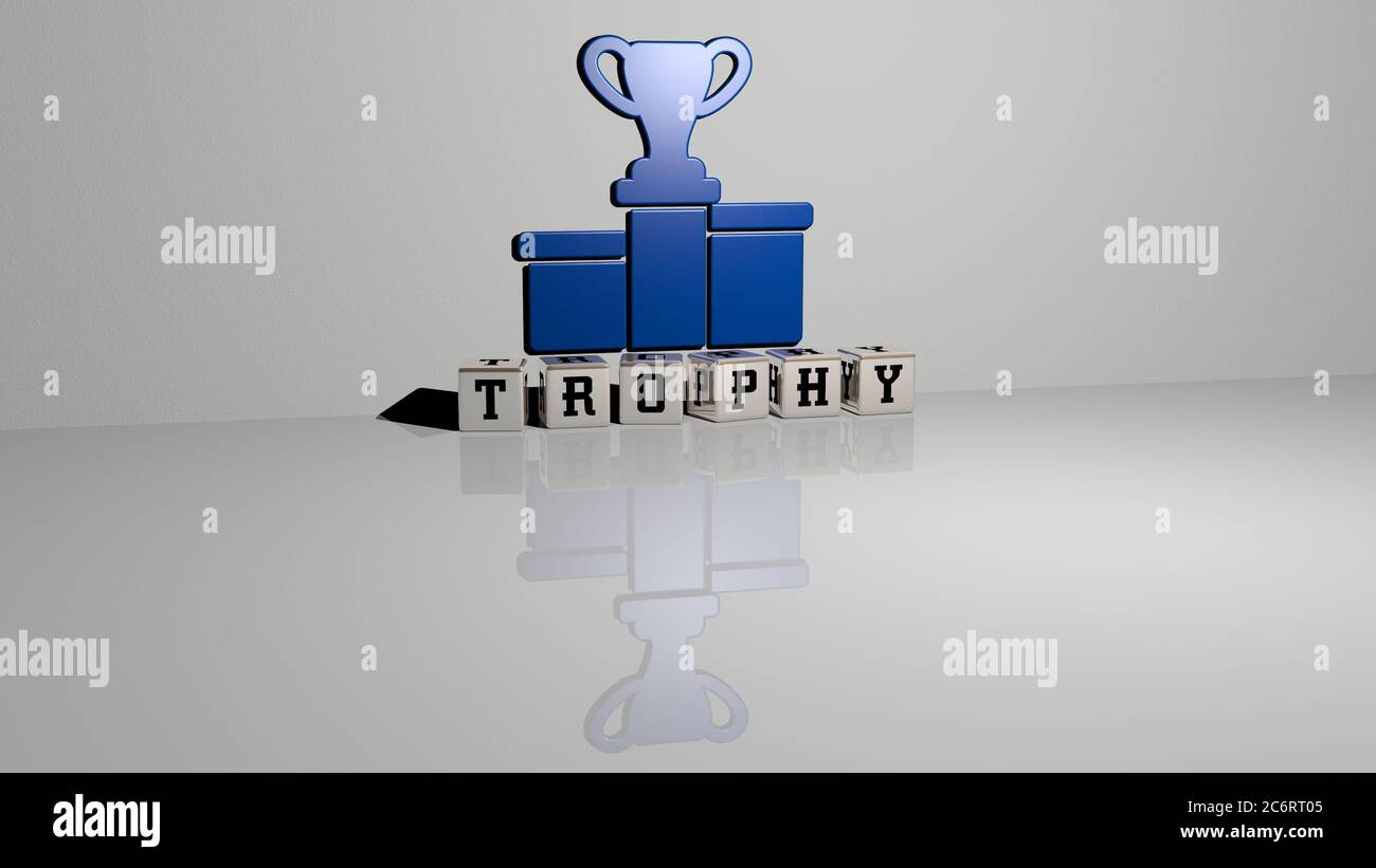 3D illustration of TROPHY graphics and text made by metallic dice ...