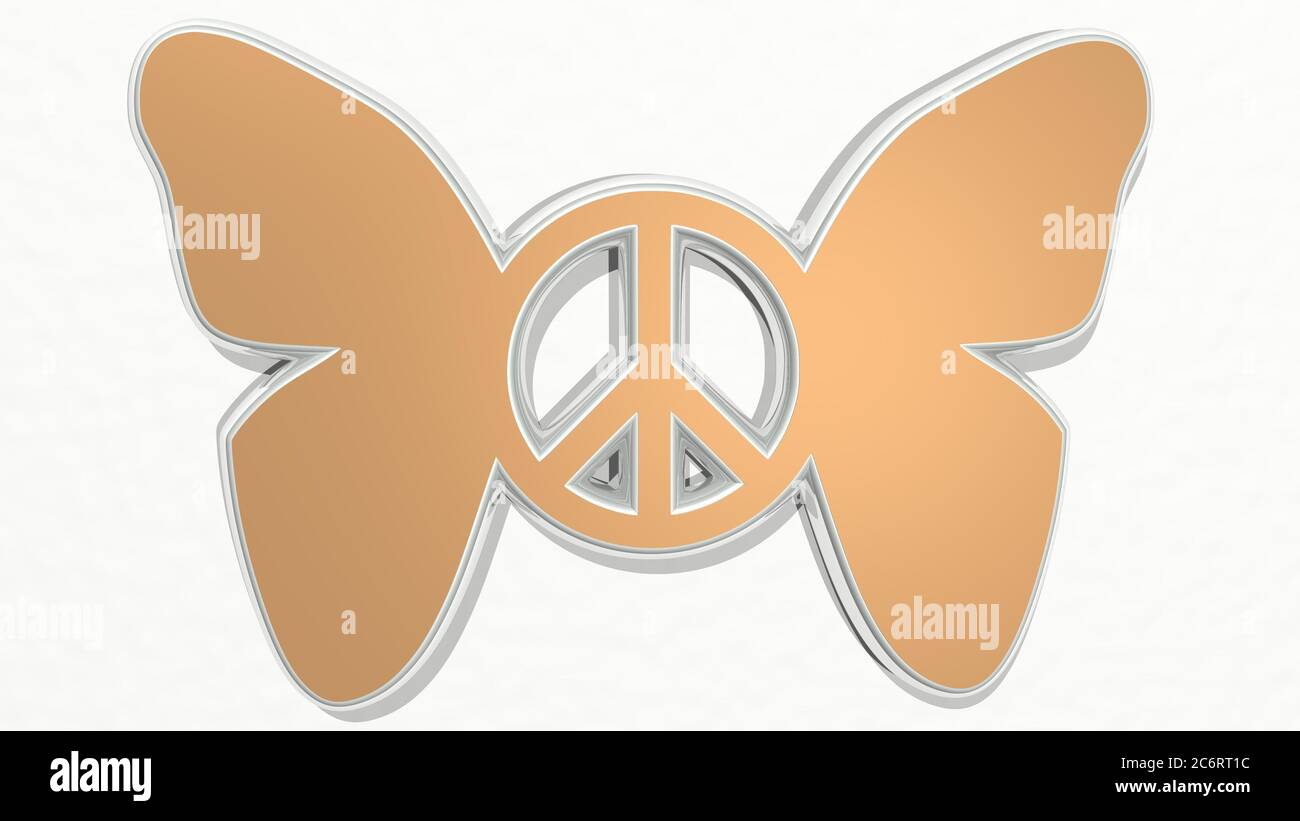 butterfly with peace sign on the wall. 3D illustration of metallic ...