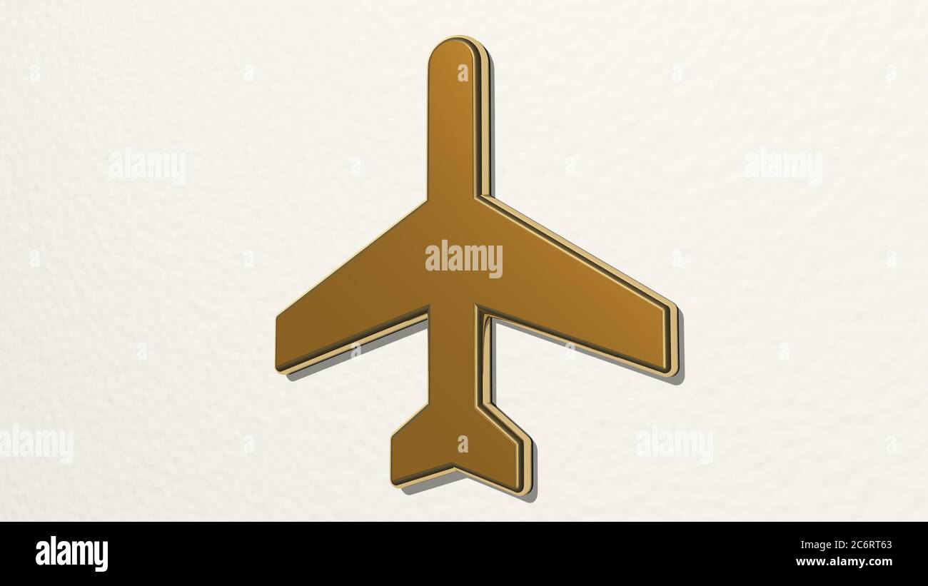 aeroplane on the wall. 3D illustration of metallic sculpture over a ...
