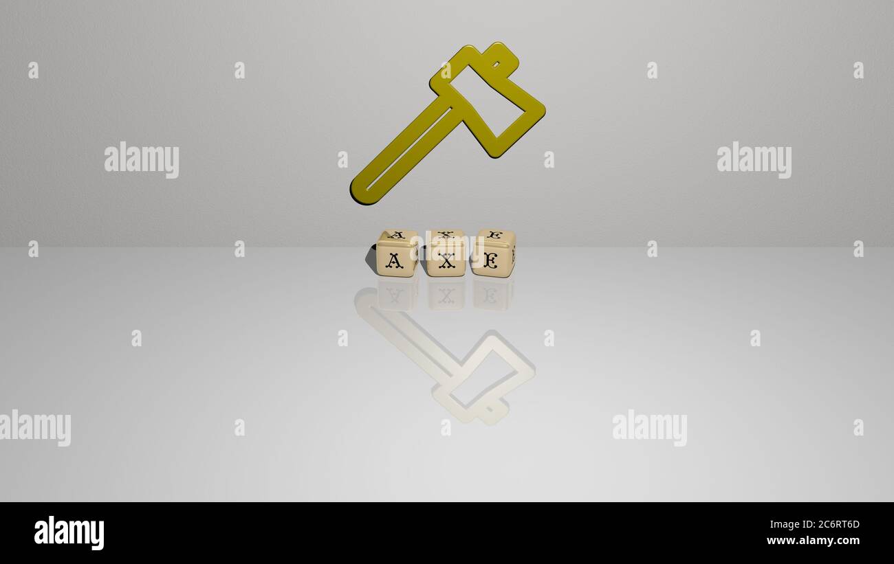 3D illustration of axe graphics and text made by metallic dice letters ...