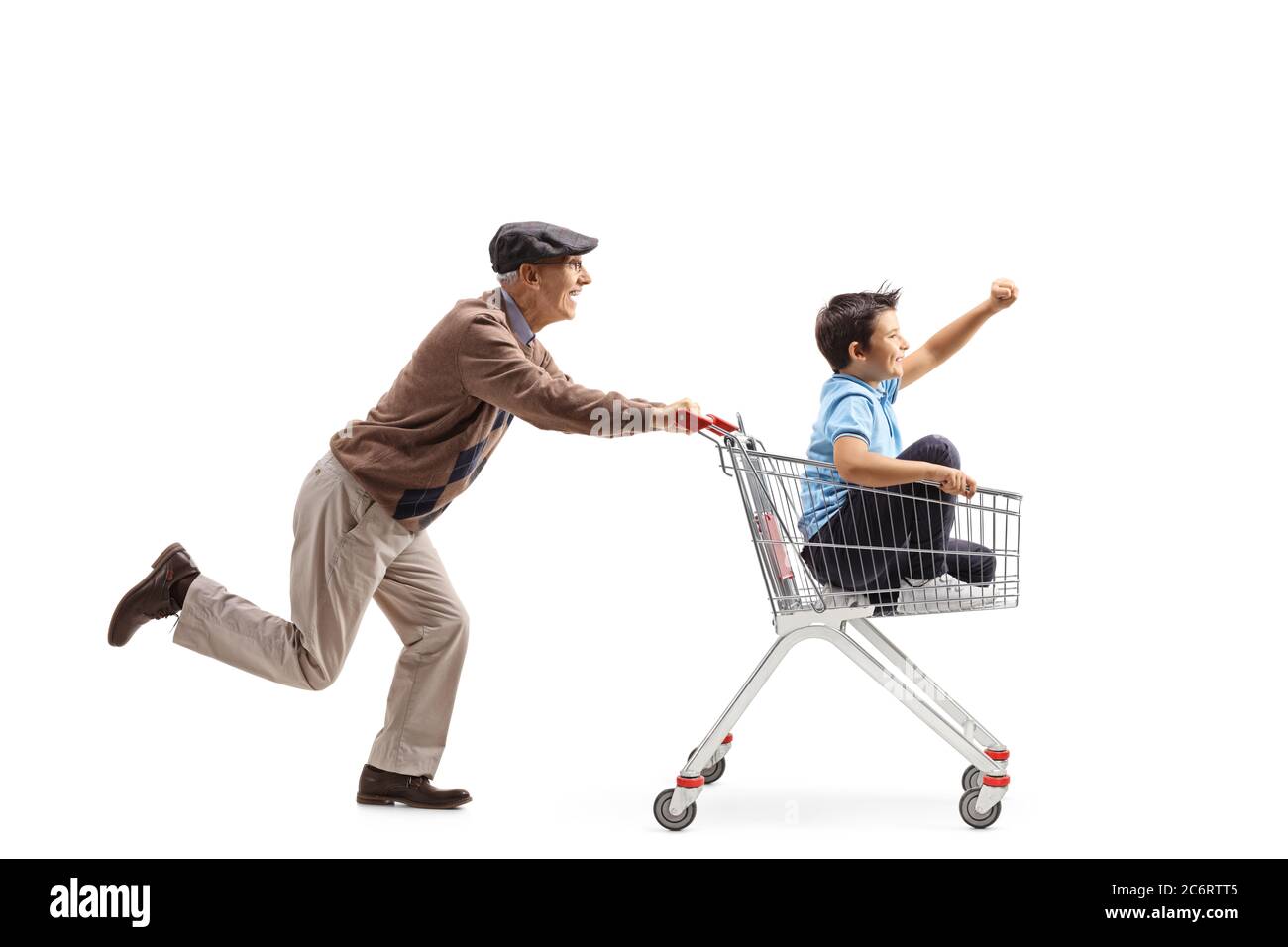 Full length profile shot of an elderly man running and pushing a ...
