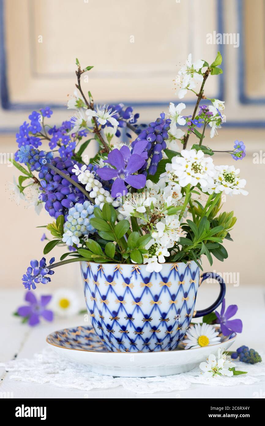 spring flowers in blue and white in vintage coffee cup as decoration ...