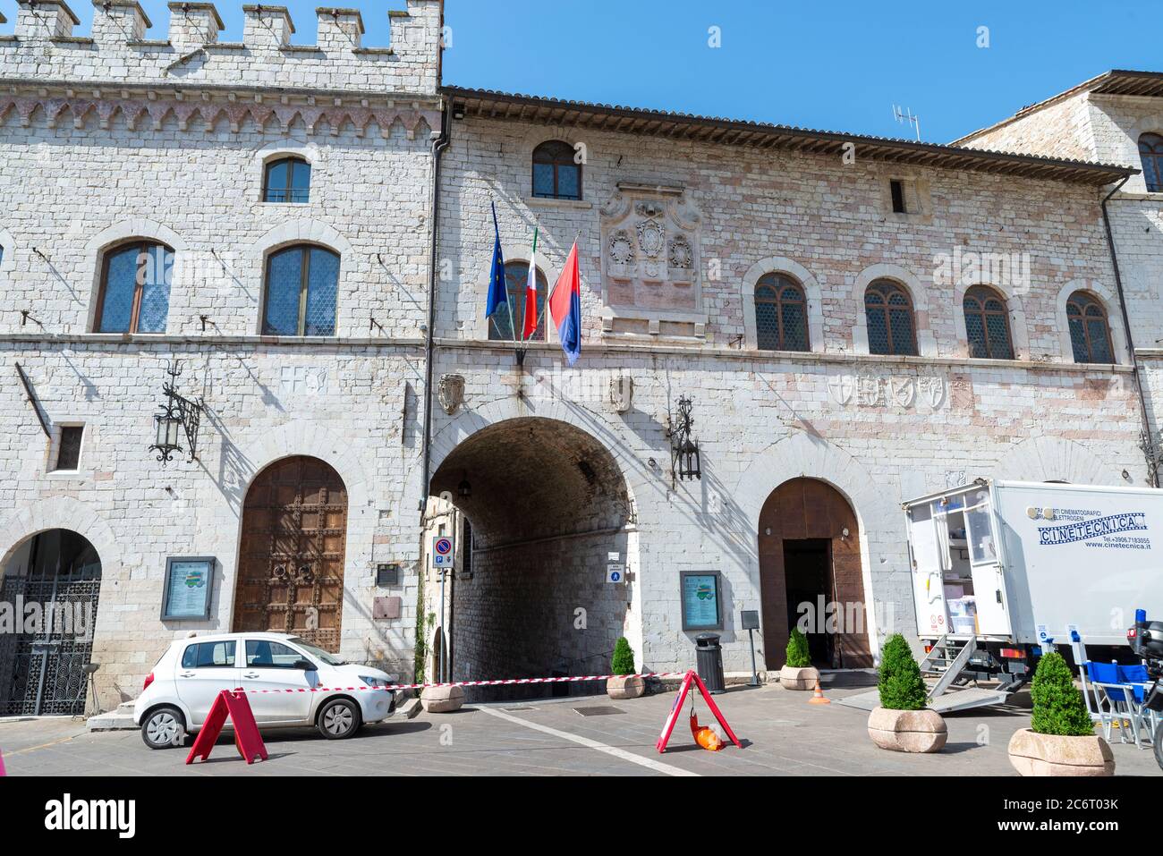 assisi,italy july 11 2020 :square of common of assisi in the center of ...