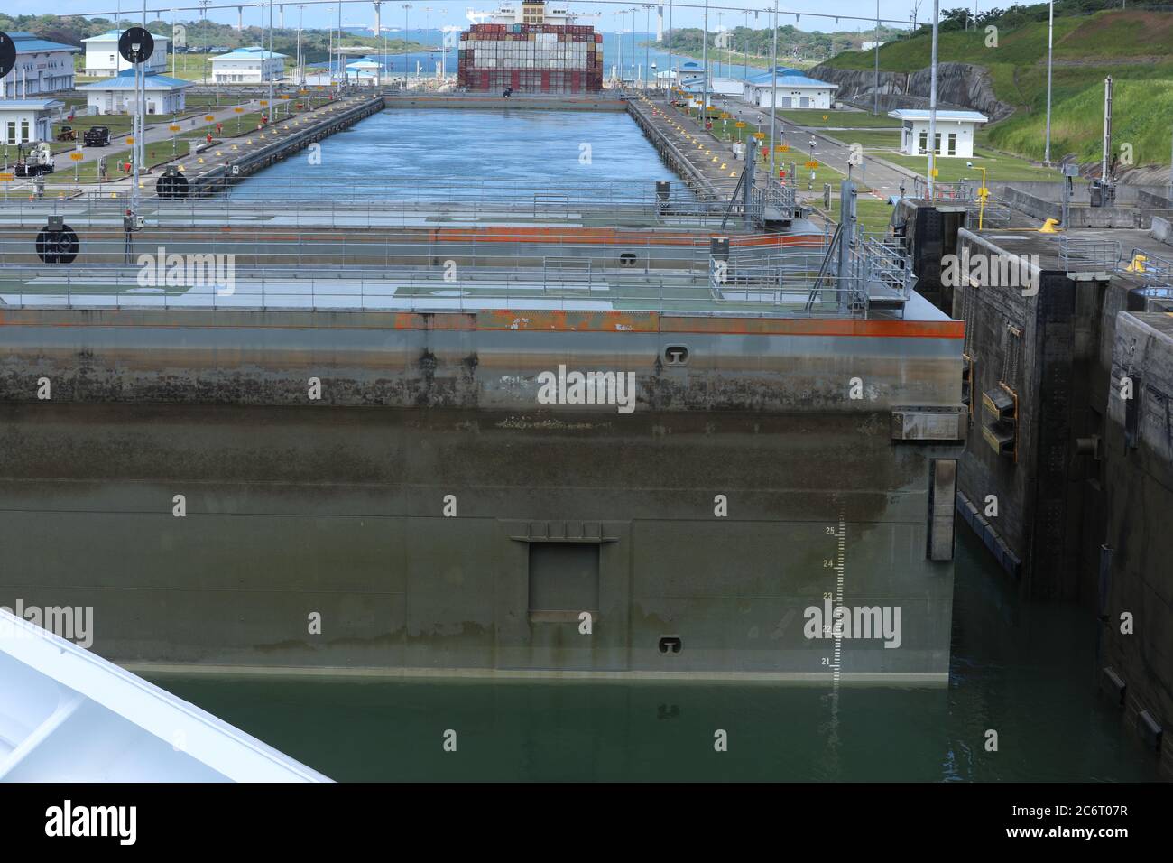 The cargo ship cross the second lock of the Panama canal from the ...