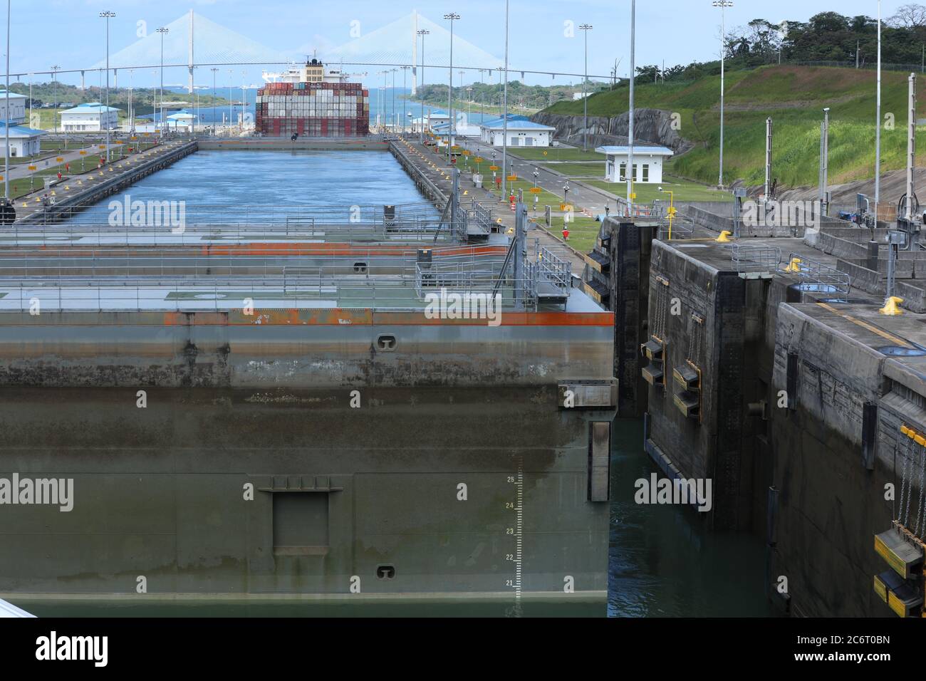 The cargo ship cross the second lock of the Panama canal from the ...