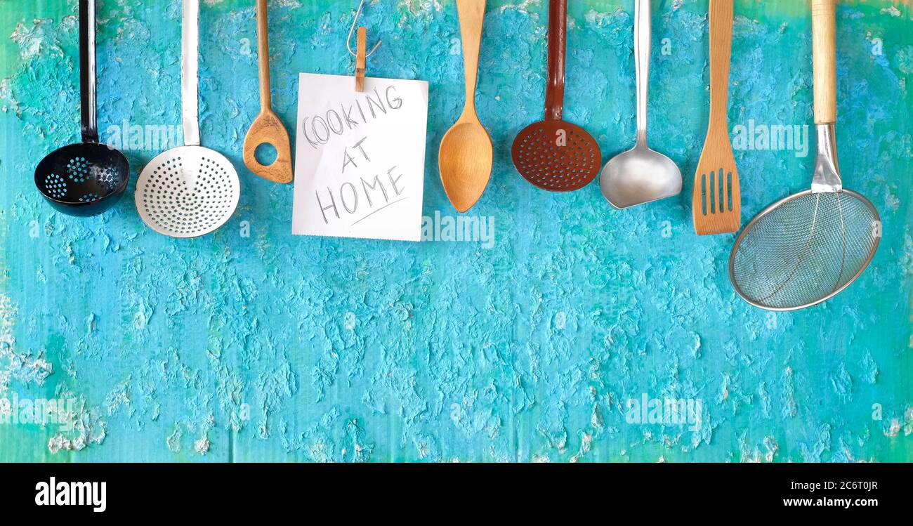 Cooking at home during corona virus lockdown, kitchen utensils and ...