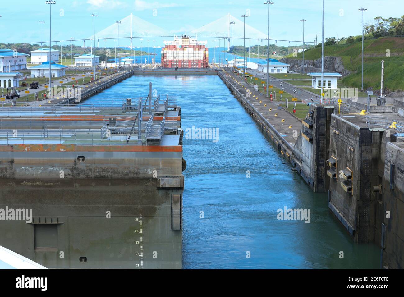 The cargo ship cross the second lock of the Panama canal from the ...