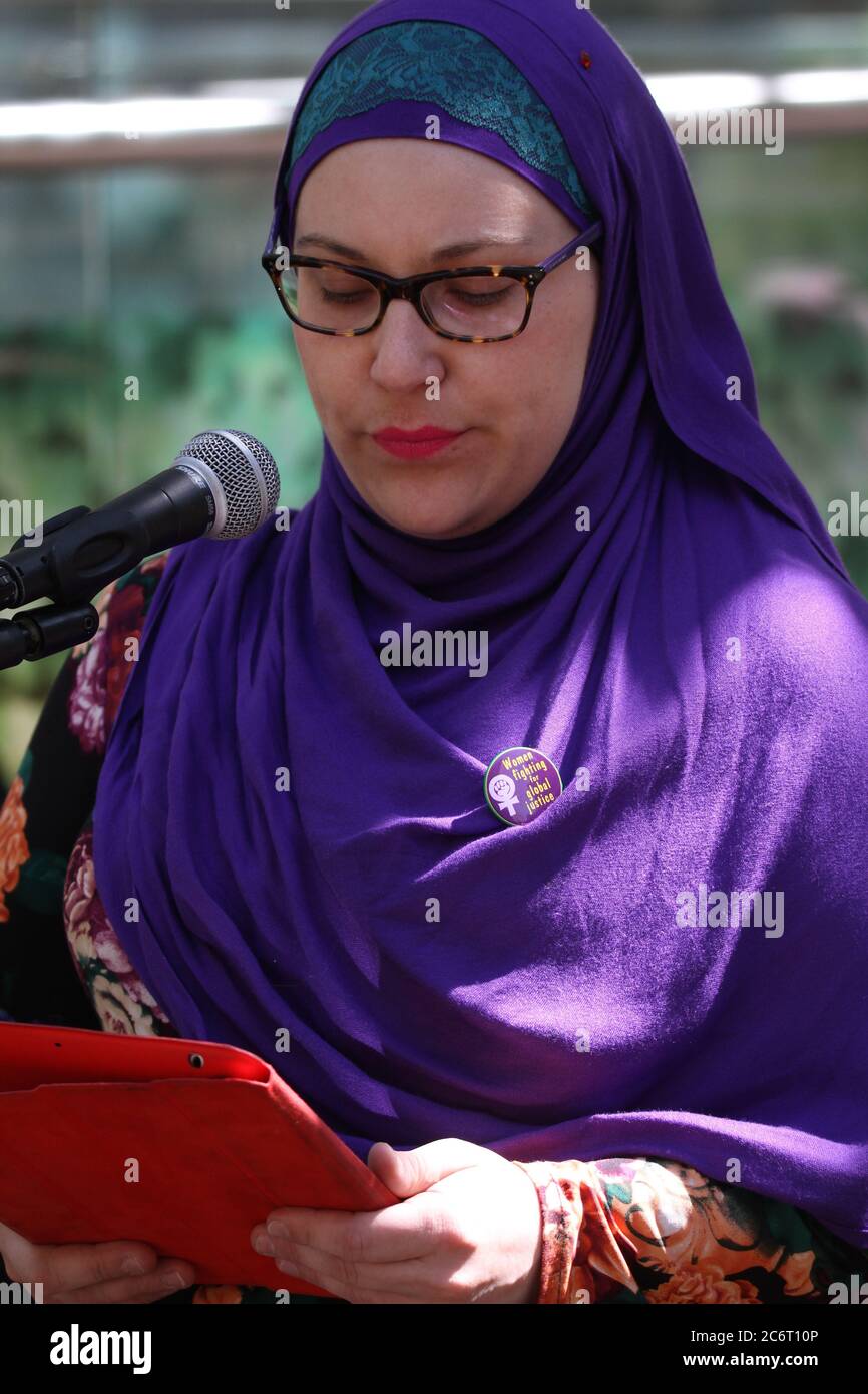 Lydia who appeared on SBS’s ‘Living with the Enemy’ speaks at the rally ...