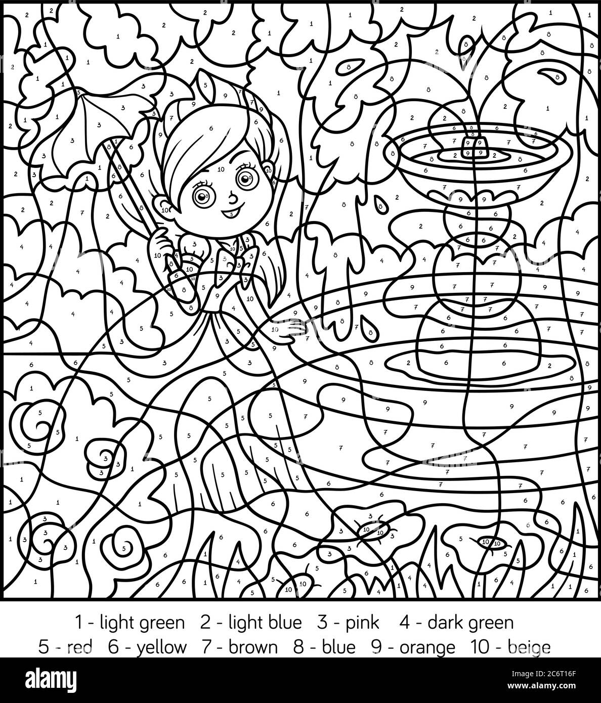 Color by number, education game for children. Princess with umbrella ...