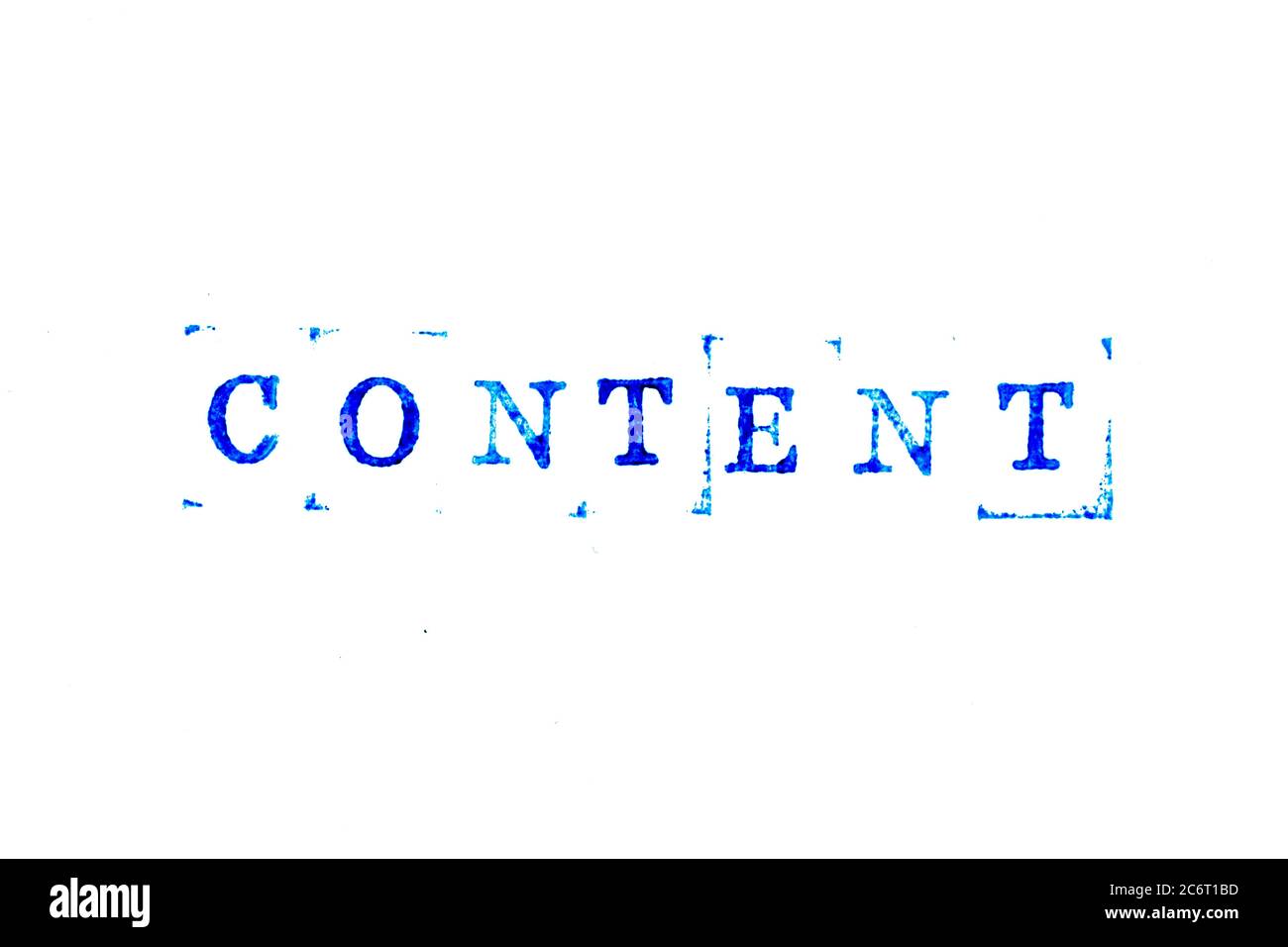 Blue ink of rubber stamp in word content on white paper background ...