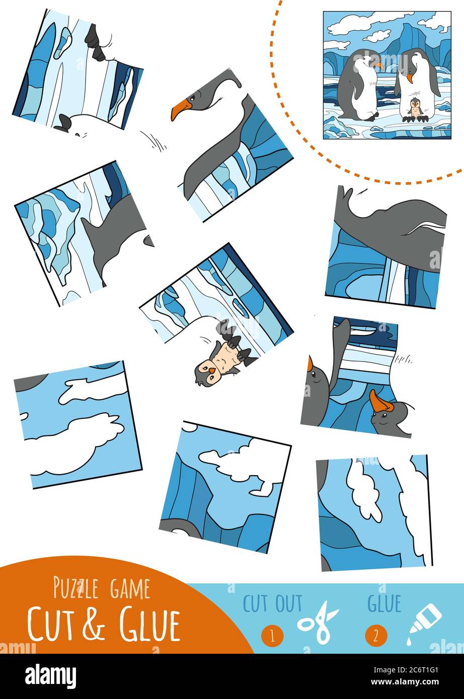 Education puzzle game for children, Penguin. Use scissors and glue to ...