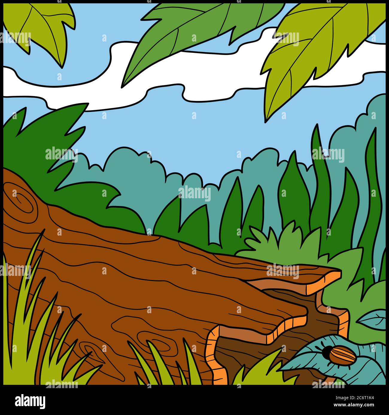 Vector illustration, natural background. A fallen tree in a rainforest ...