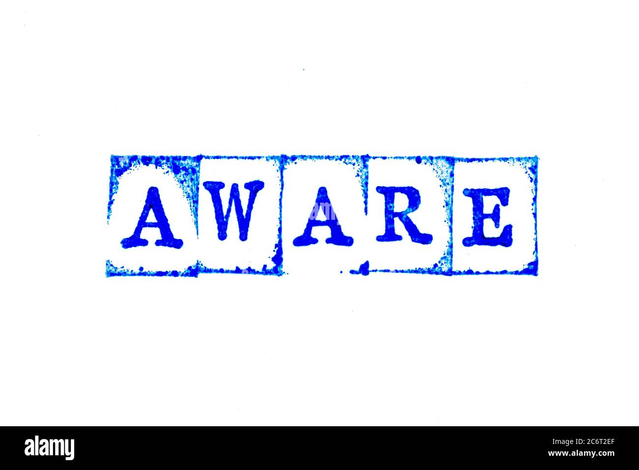 Blue ink of rubber stamp in word aware on white paper background Stock ...