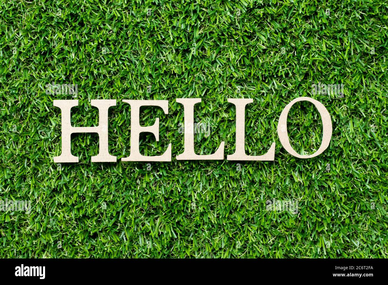 Wood alphabet letter in word hello on green grass background Stock ...