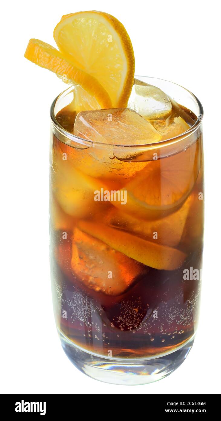 Cola drink with ice cubes and sliced lemon in a highball glass isolated on a white background ...