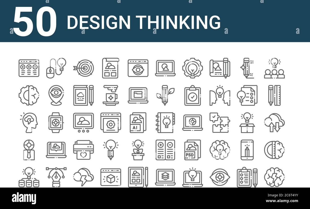 set of 50 design thinking icons. outline thin line icons such as brain ...