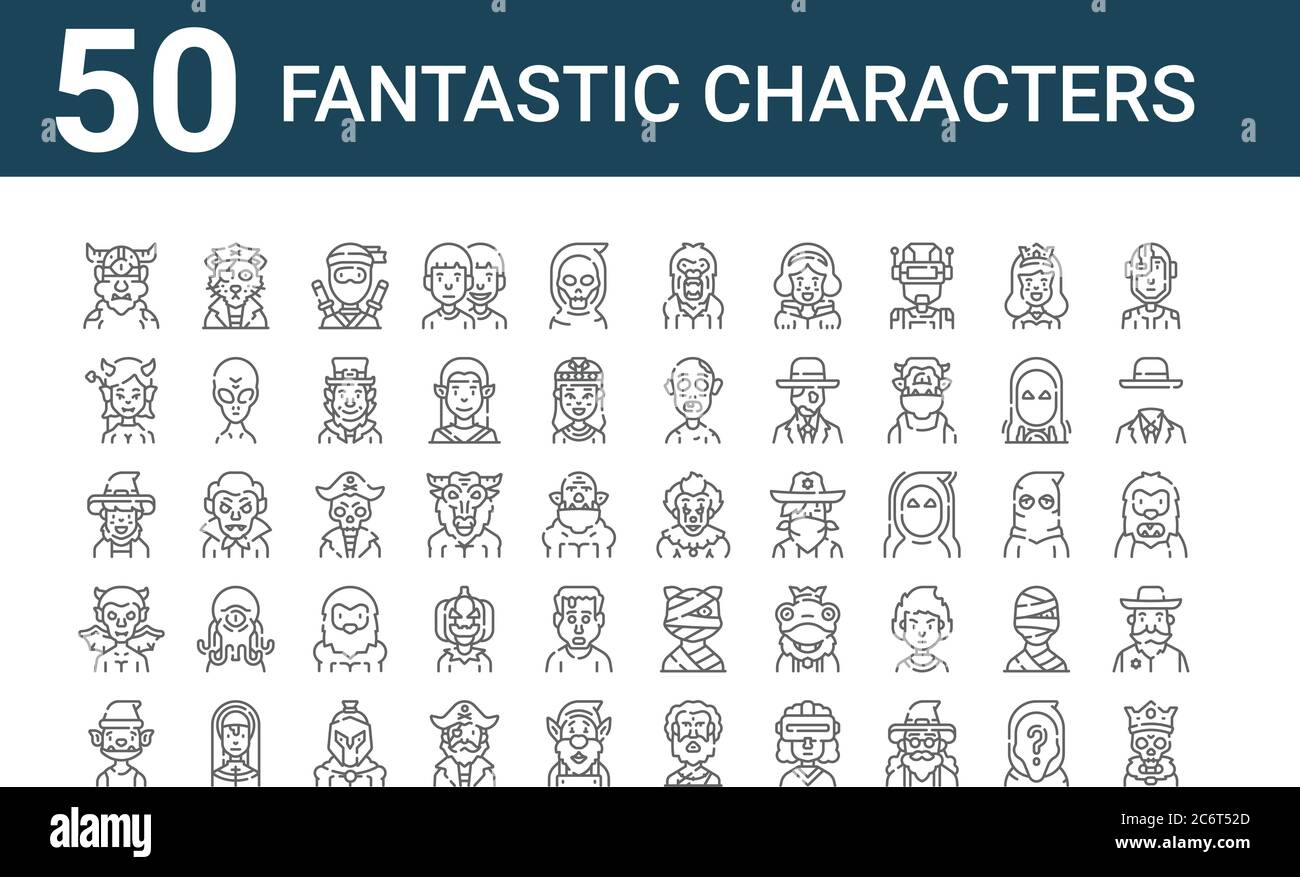 set of 50 fantastic characters icons. outline thin line icons such as ...