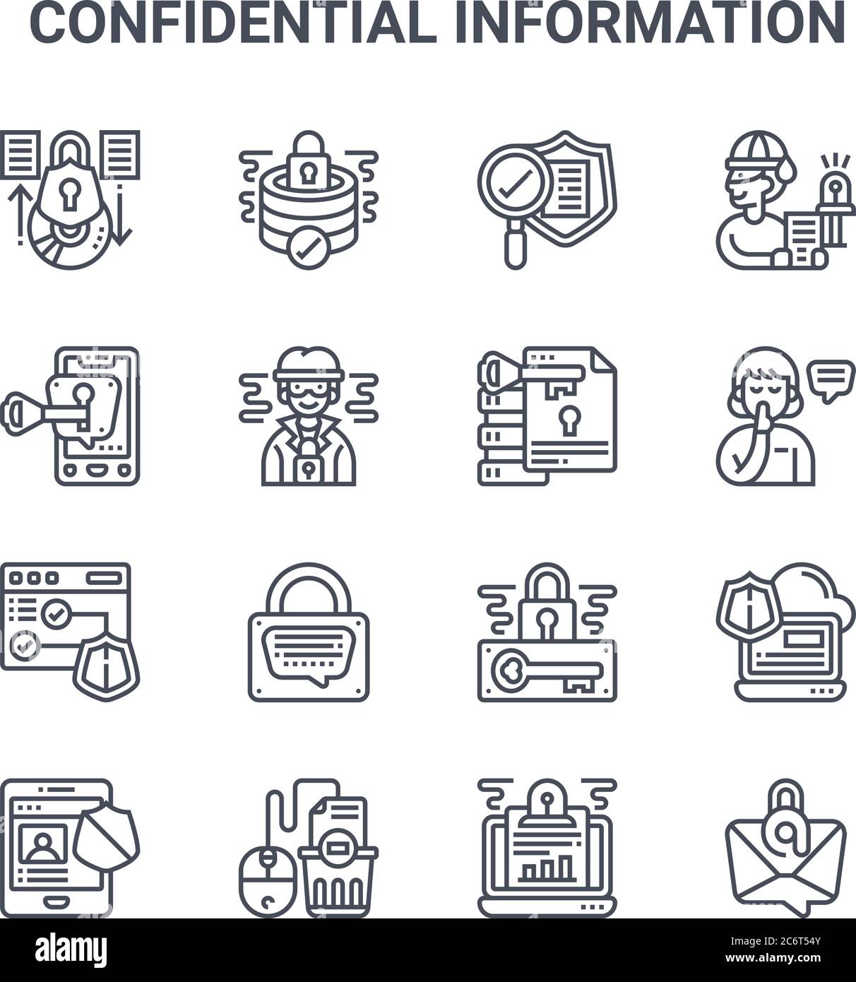 set of 16 confidential information concept vector line icons. 64x64 ...
